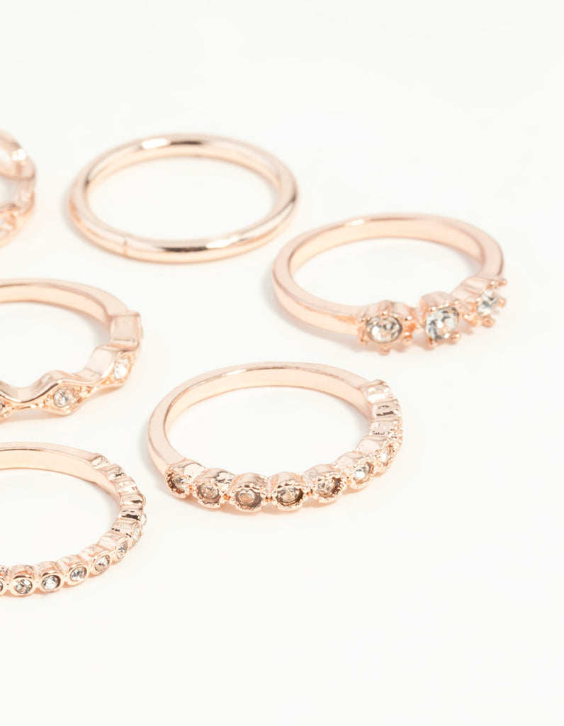 Rose Gold Diamante Row Mix Ring 8-Pack - Lovisa