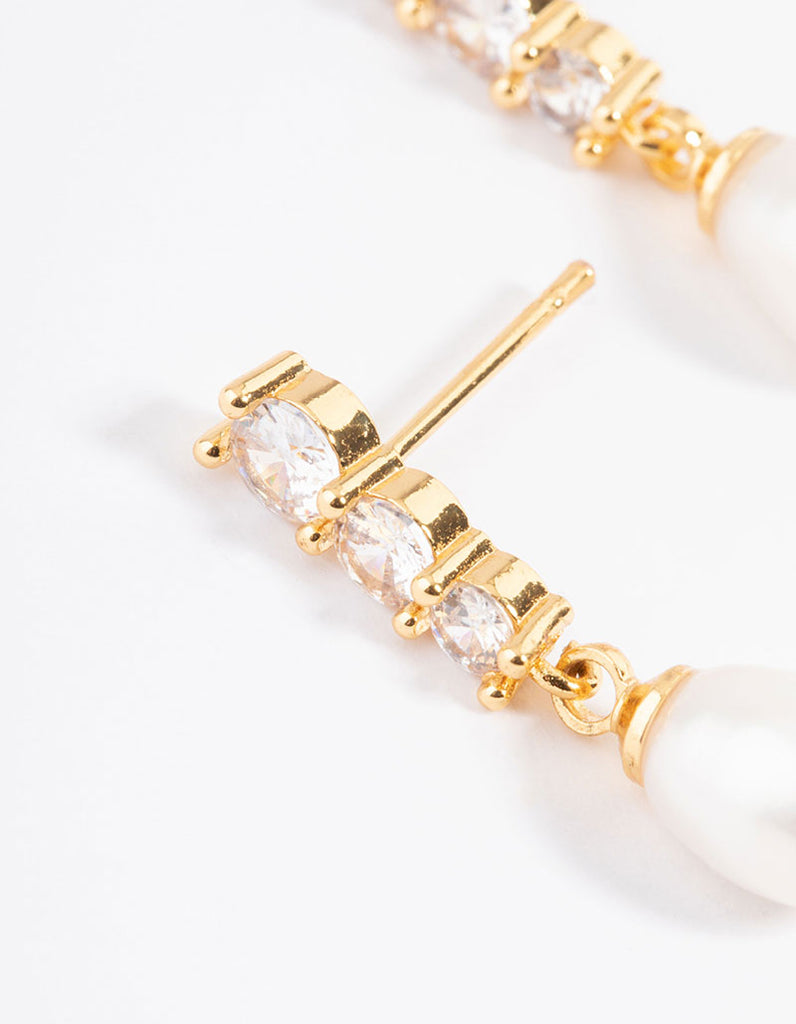 Gold Plated Cubic Zirconia Trio Freshwater Pearl Drop Earrings - Lovisa