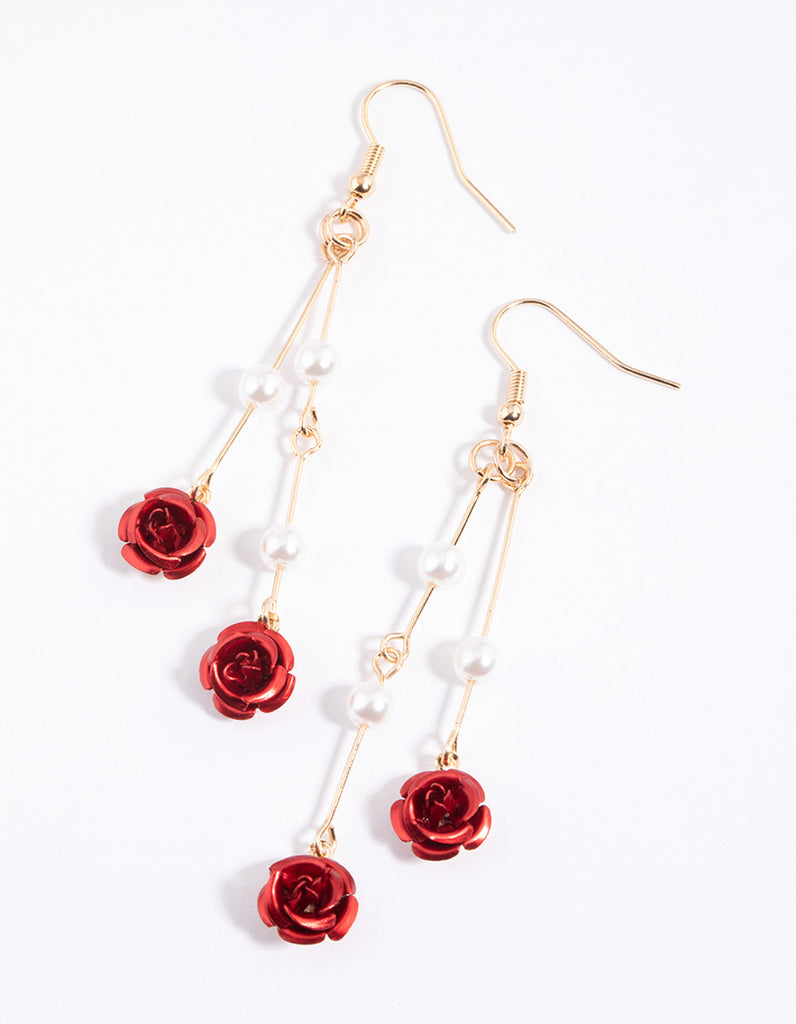 Red Stick Pearl & Rose Drop Earrings - Lovisa