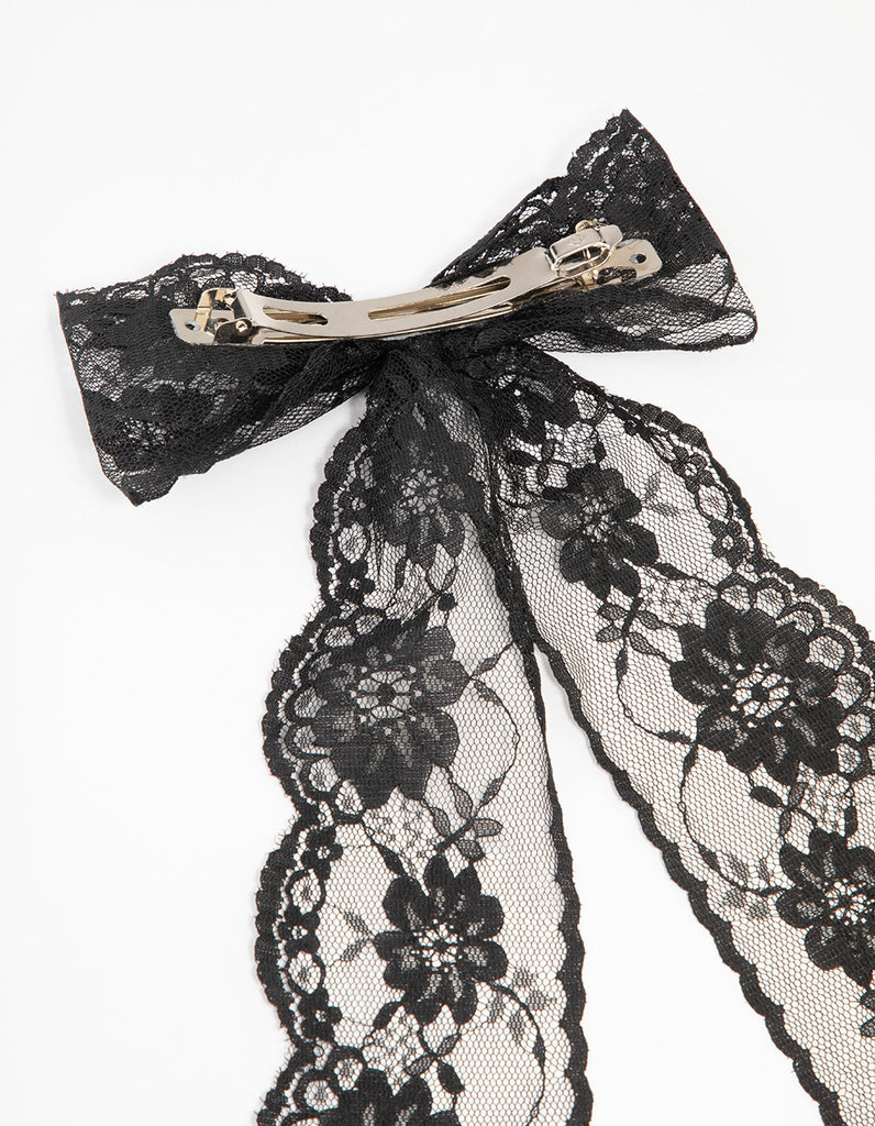 Black Lace Fabric Medium Bow Clip - Lovisa