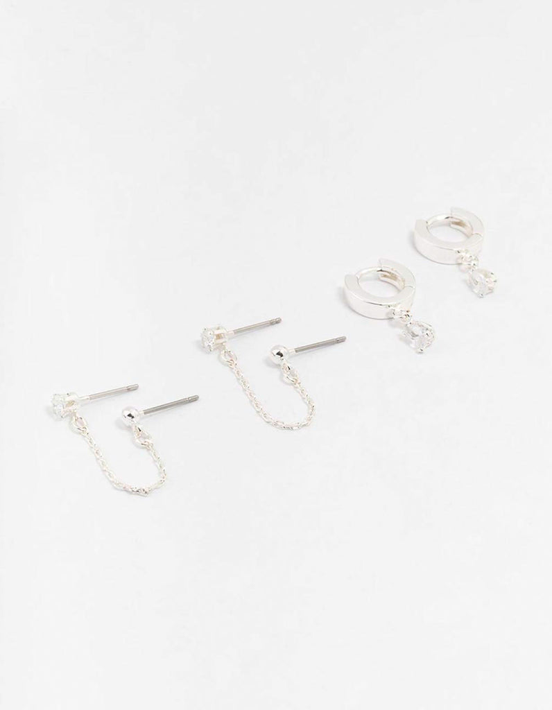 Silver Cubic Zirconia Chain Stud & Hoop Earrings 3-Pack - Lovisa