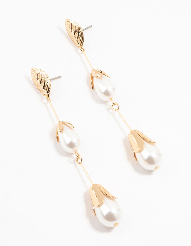 Gold Leaf Triple Pearl Drop Earrings - Lovisa