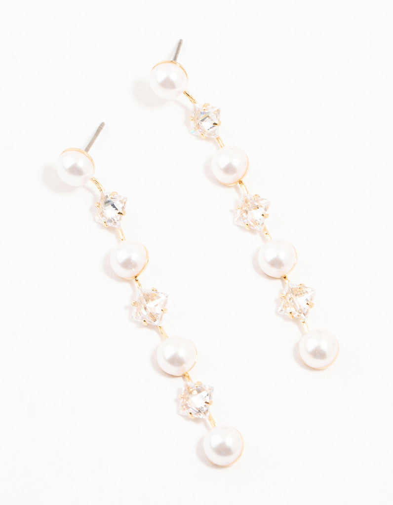 Gold Plated Alternating Pearl & Cubic Zirconia Drop Earrings - Lovisa