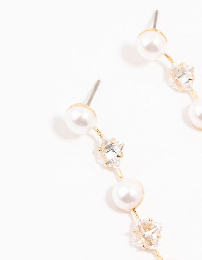 Gold Plated Alternating Pearl & Cubic Zirconia Drop Earrings - Lovisa