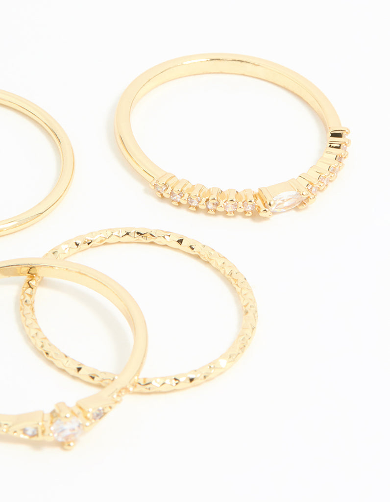 Gold Plated Cubic Zirconia & Plain Rings 5-Pack - Lovisa