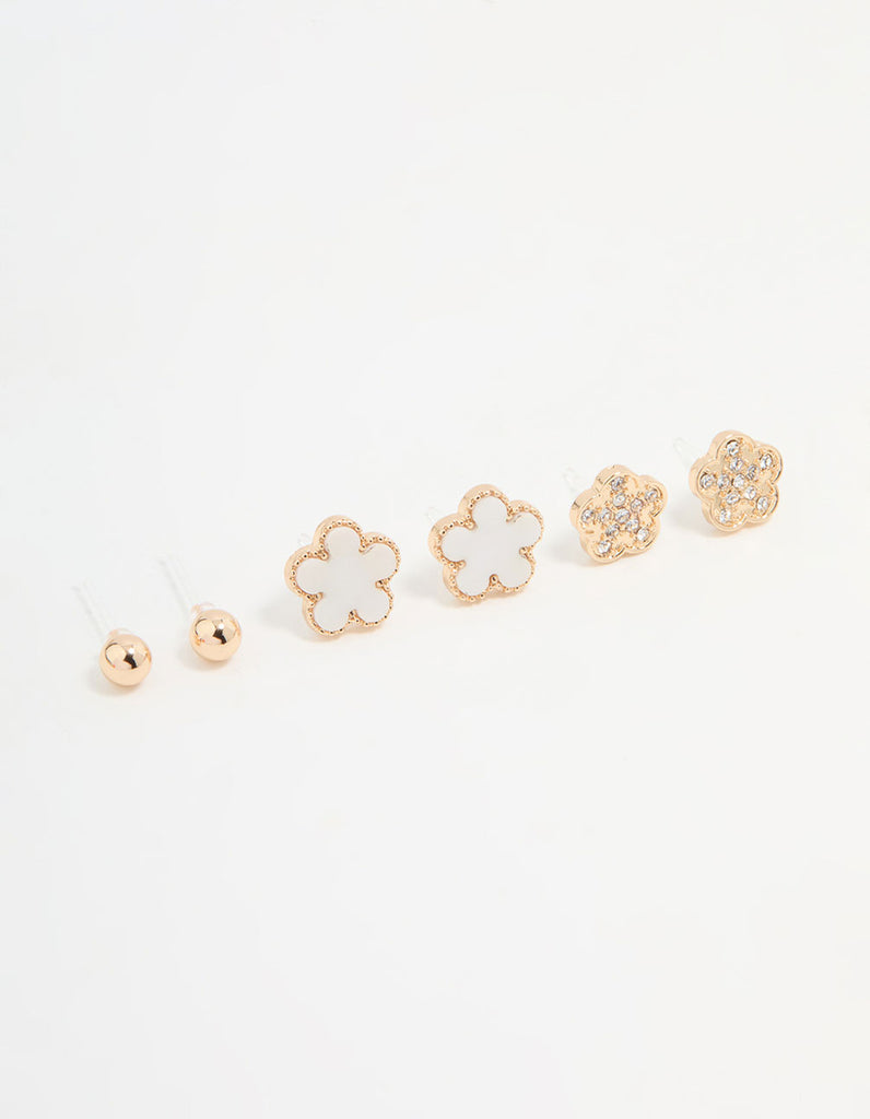 Gold Diamante & White Flower Stud Earrings 3-Pack - Lovisa