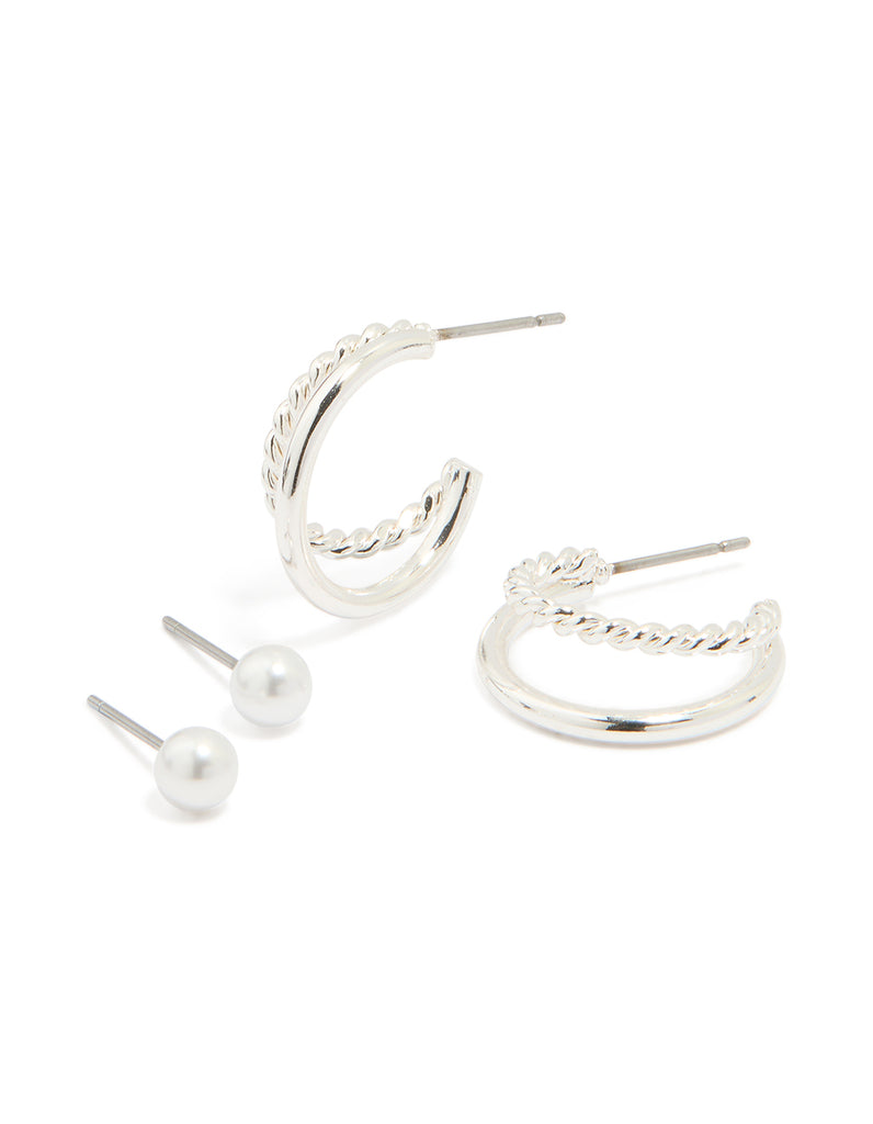 Silver Pearl Stud & Twisted Double Hoop Earrings 2-Pack - Lovisa