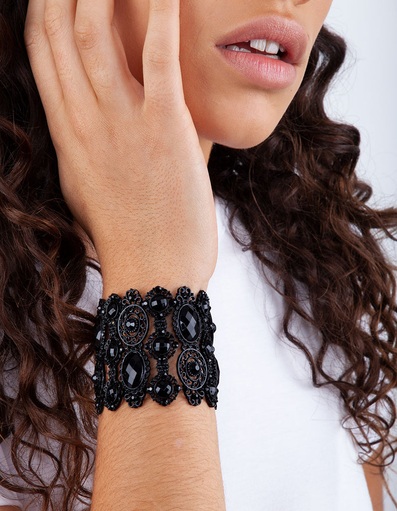 Black Coated Metal Jewelled Lace Stretch Cuff - Lovisa