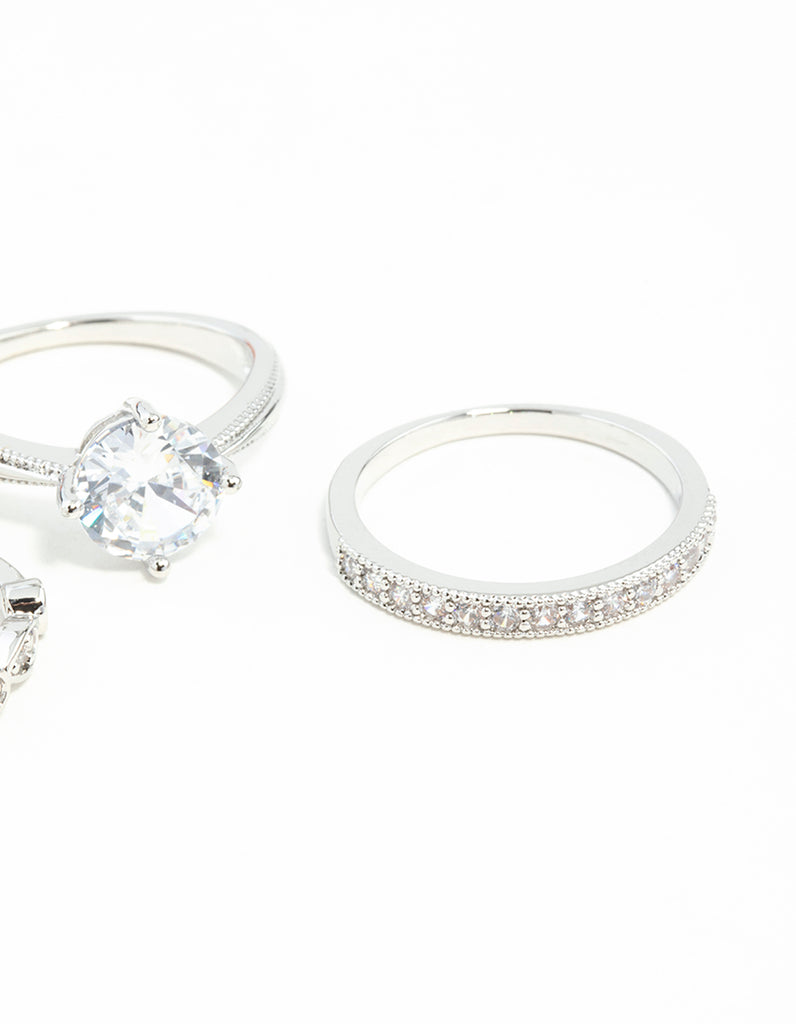 Silver Round Stone Cubic Zirconia Triple Ring Stack - Lovisa