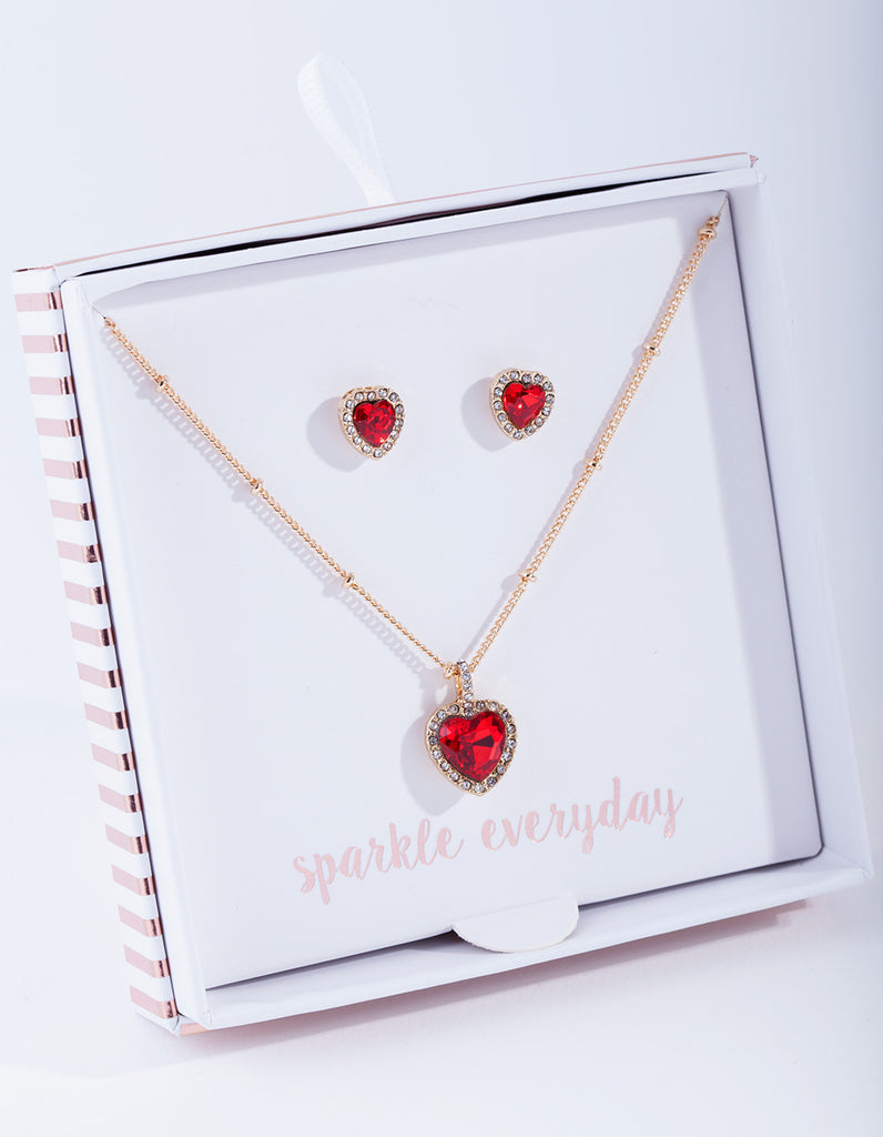 Gold Red Heart Necklace Earrings Gift Box - Lovisa