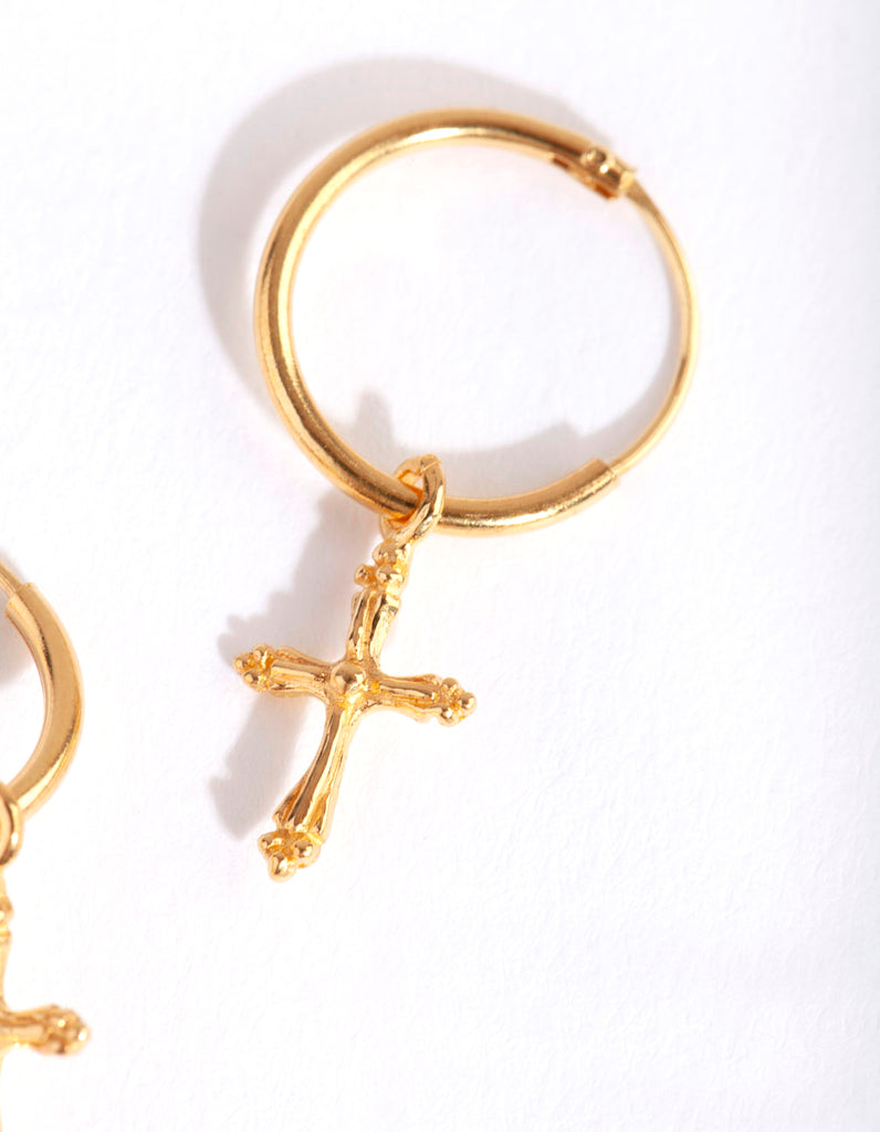 Gold Plated Sterling Silver Cross Dangle Hoop Earrings - Lovisa