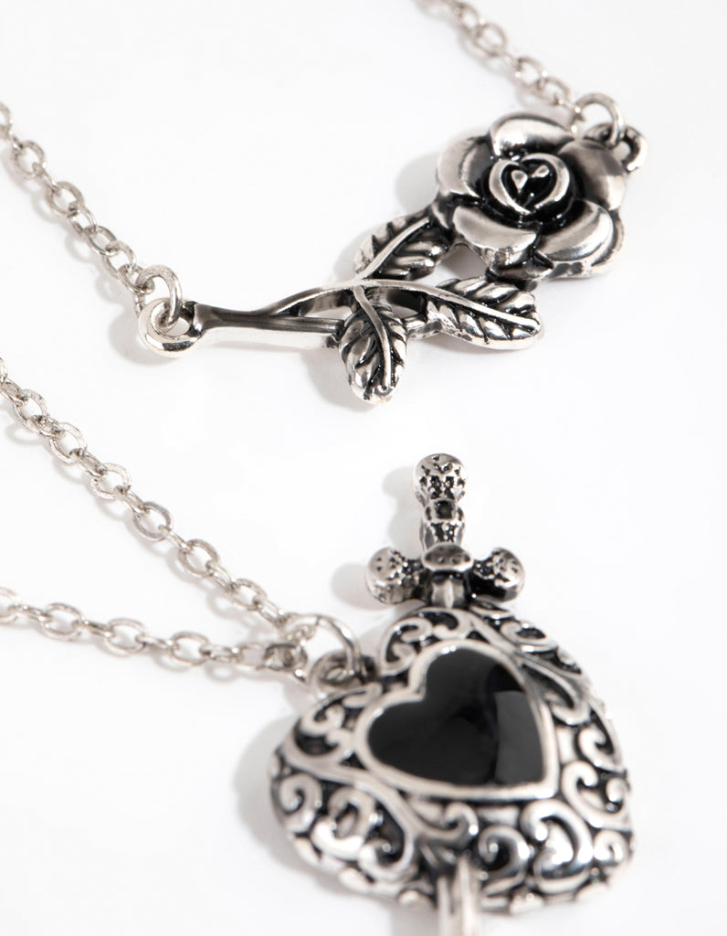 Antique Silver Enamel Heart Layered Necklaces - Lovisa