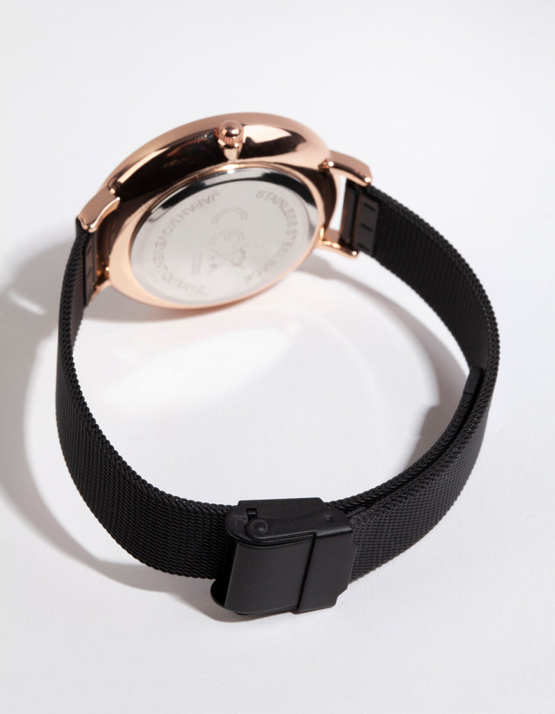 Rose Gold Simple Black Mesh Strap Watch - Lovisa