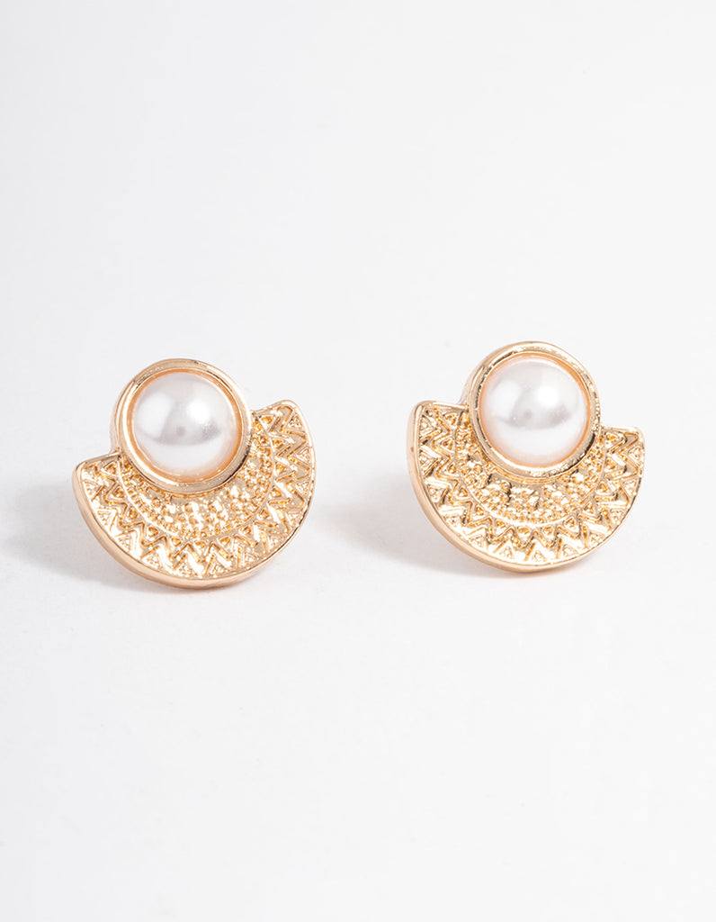 Gold Pearl Etched Stud Earrings - Lovisa