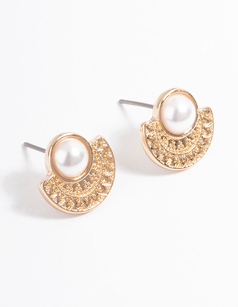 Gold Pearl Etched Stud Earrings - Lovisa