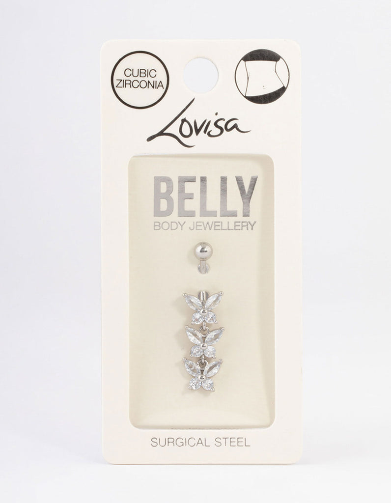 Surgical Steel Cubic Zirconia 3 Butterfly Belly Bar - Lovisa