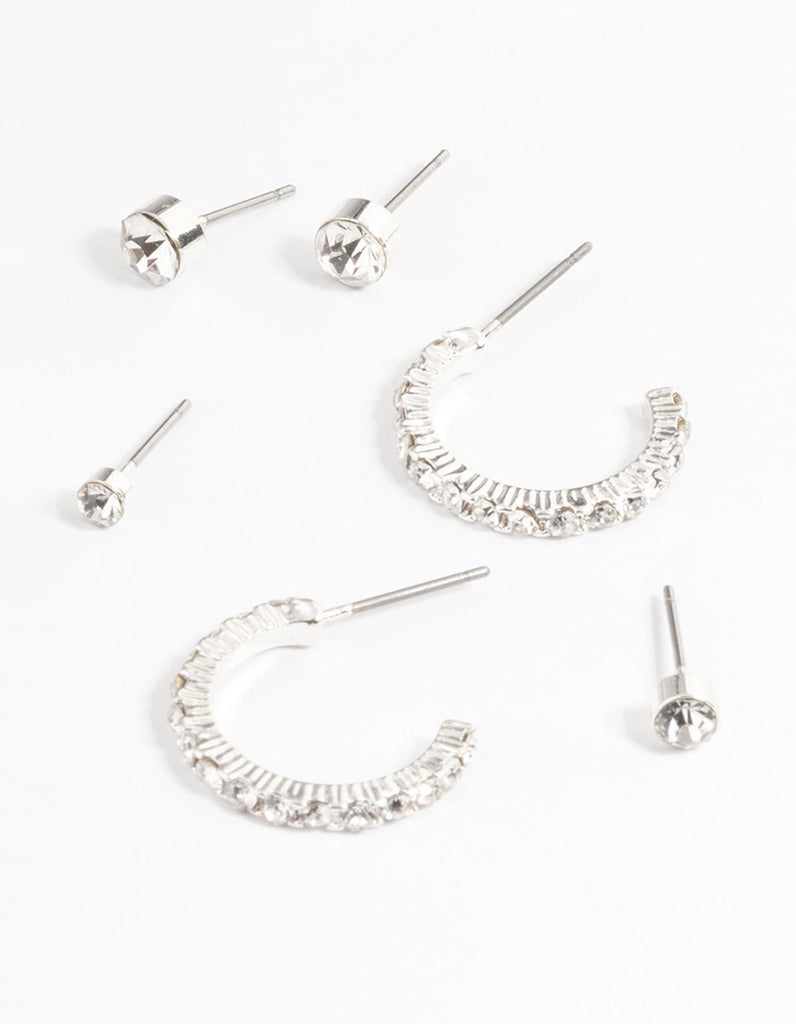 Rhodium Diamante Stud & Hoop Stack Earrings - Lovisa