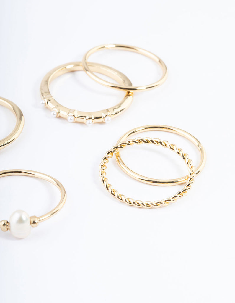 Gold Plated Freshwater Pearl Mixed Band Rings 6-Pack - Lovisa