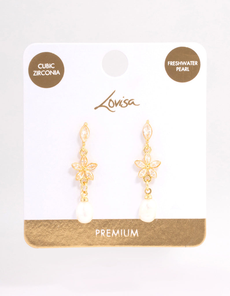 Gold Plated Cubic Zirconia Flower Freshwater Pearl Earrings - Lovisa