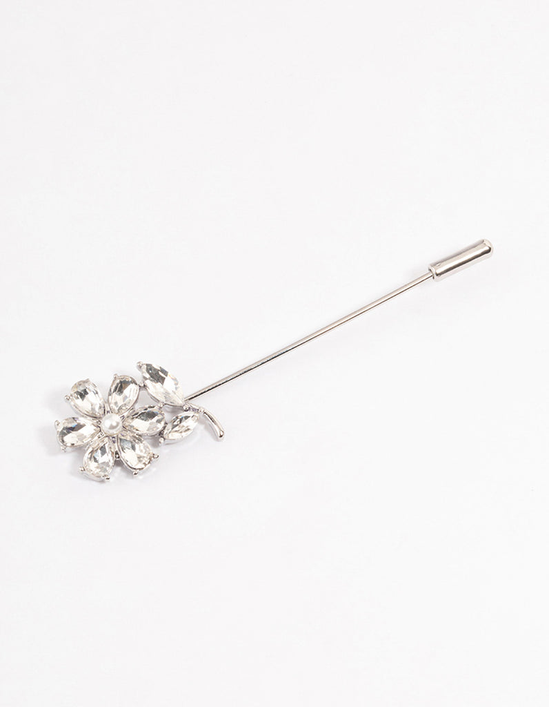 Silver Diamante Flower Pearl Scarf Pin - Lovisa