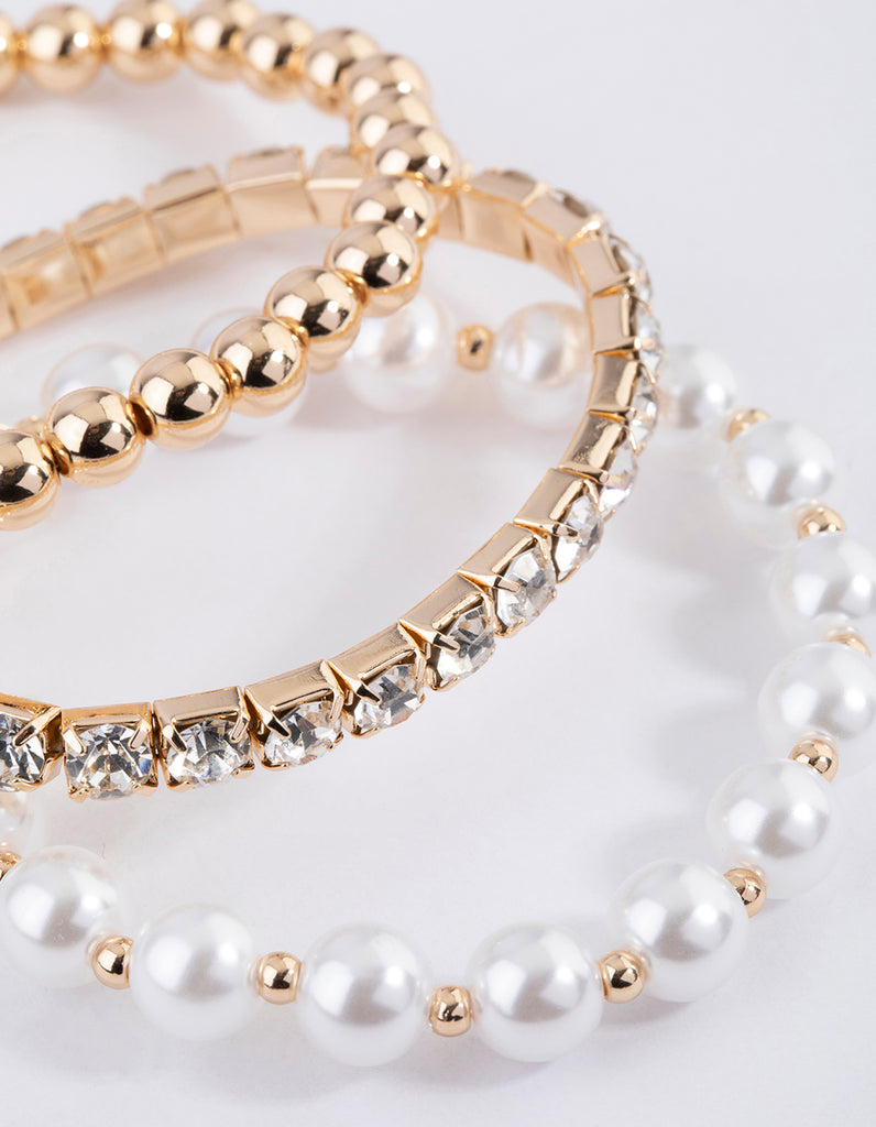 Gold Pearl & Diamante Stretch Bacelet Pack - Lovisa