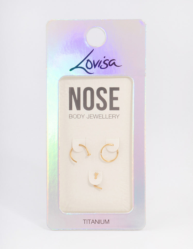 Gold Plated Titanium Basic Nose Ring Pack - Lovisa