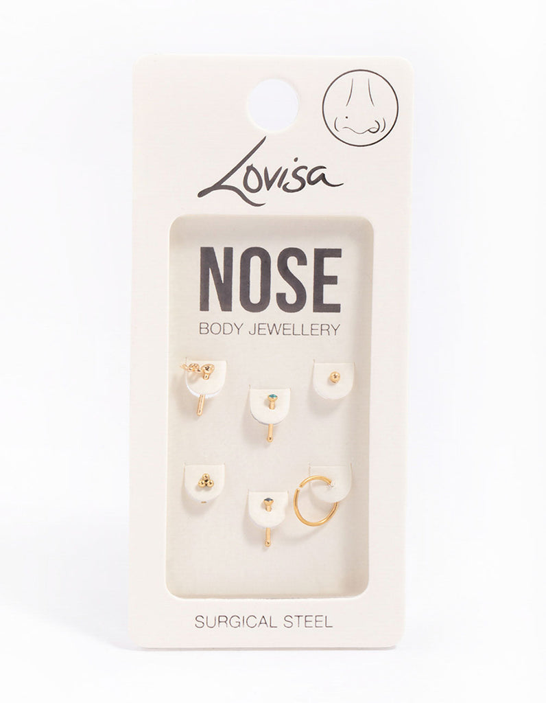 Gold Plated Surgical Steel Snake & Bezel Nose Piercing 6-Pack - Lovisa