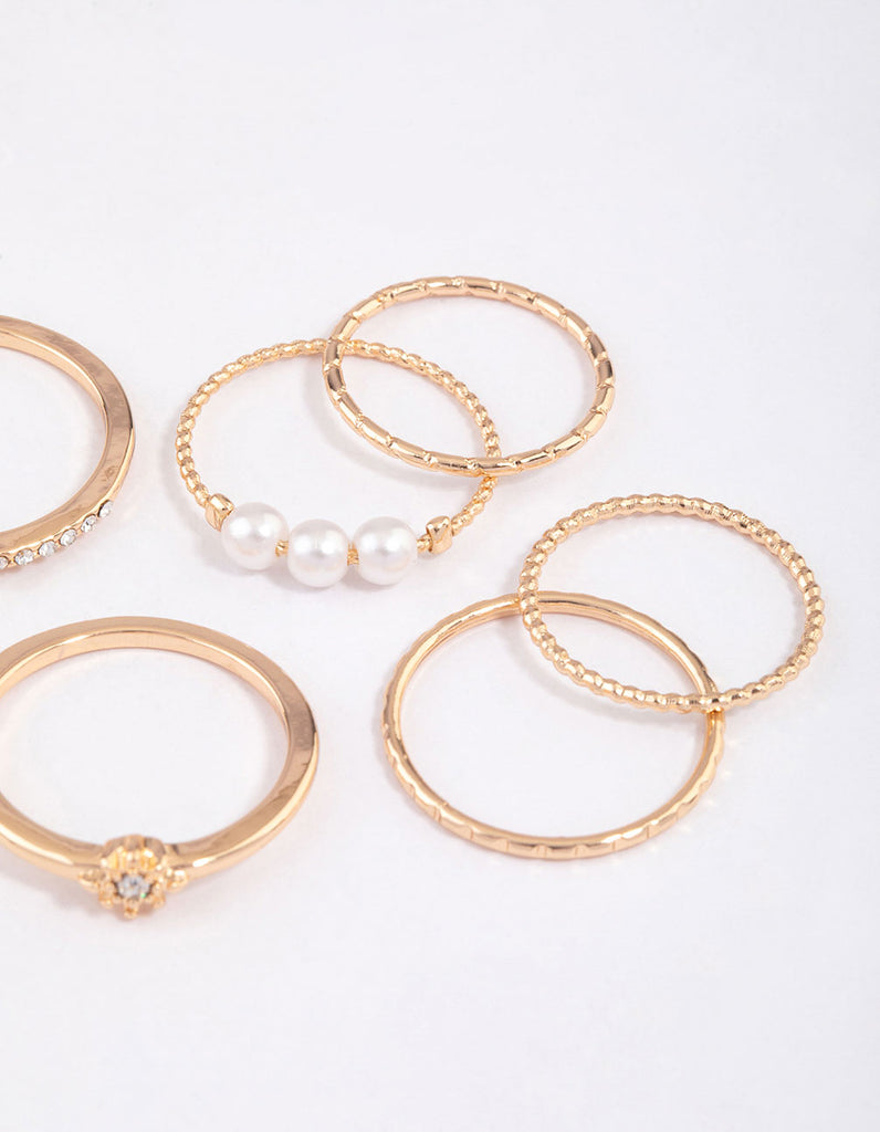 Gold Fine Diamante Cut Pearl Ring Pack - Lovisa