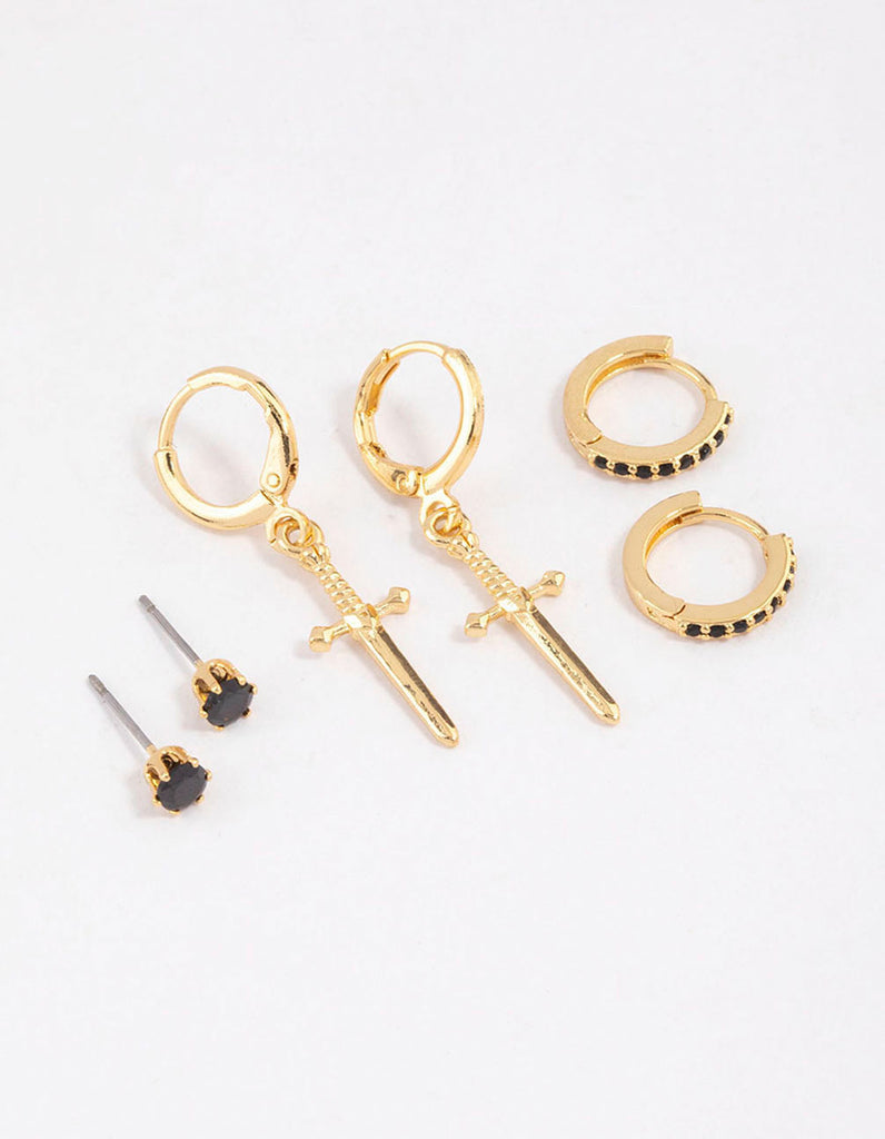 Gold Plated Brass Cubic Zirconia Dagger Huggie Earrings Pack - Lovisa