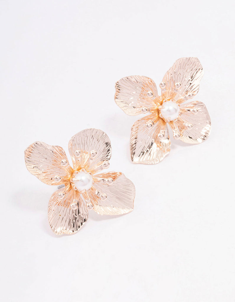 Rose Gold Large Flower Pearl Stud Earrings - Lovisa