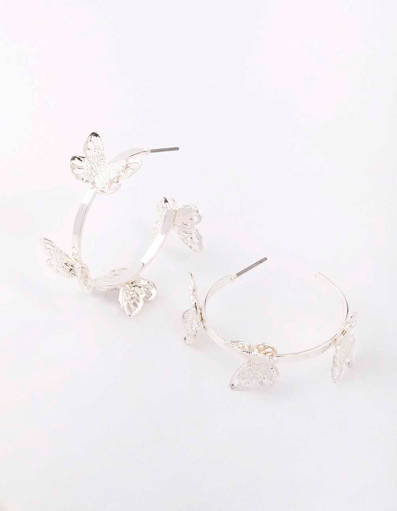 Silver Sandblast Butterfly Hoop Earrings - Lovisa