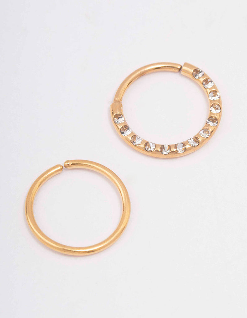 Gold Plated Surgical Steel Cubic Zirconia Textured Nose Ring Pack - Lovisa