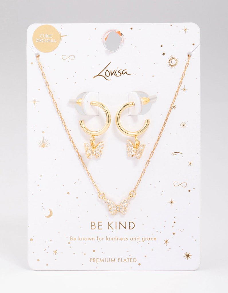 Gold Plated Mini Butterfly Necklace & Earring Jewellery Set - Lovisa