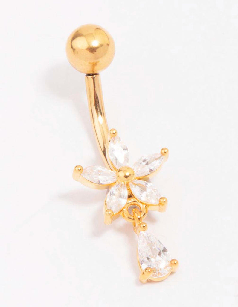 Gold Plated Titanium Cubic Zirconia Flower Pear Threadless Belly Bar ...