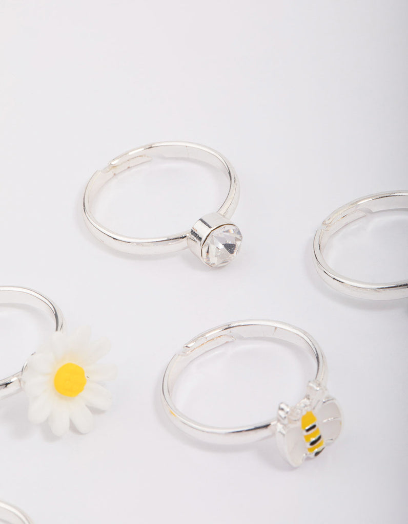 Kids Silver Daisy & Bumble Bee Ring 6-Pack - Lovisa