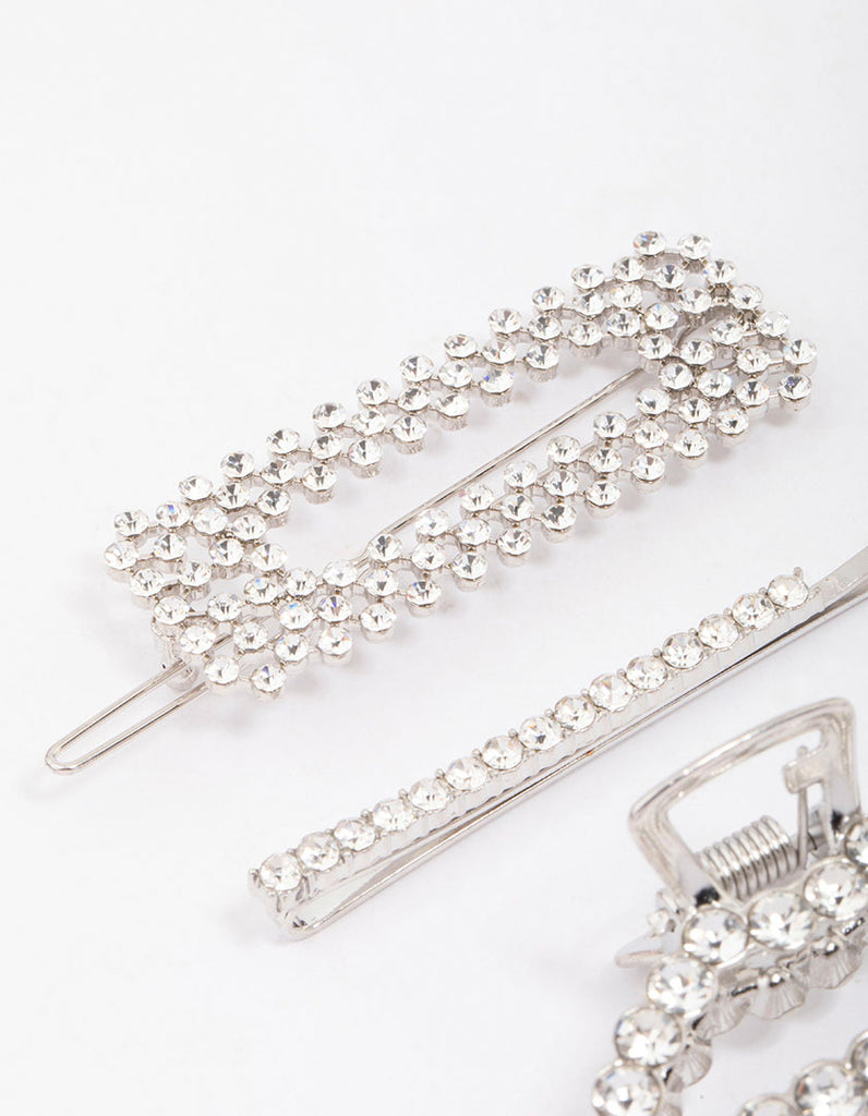 Rhodium Mixed Diamante Hair Claw Clip 3-Pack - Lovisa