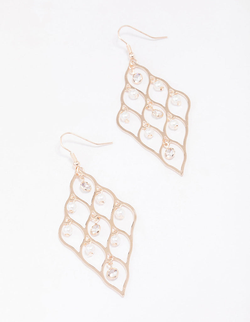 Rose Gold Diamond Cut Out Pearl Drop Earrings - Lovisa