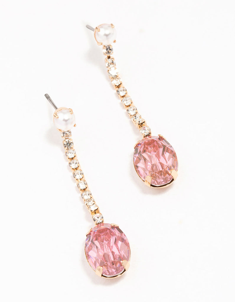 Gold Pearl Pink Diamante Cup Chain Oval Drop Earrings - Lovisa