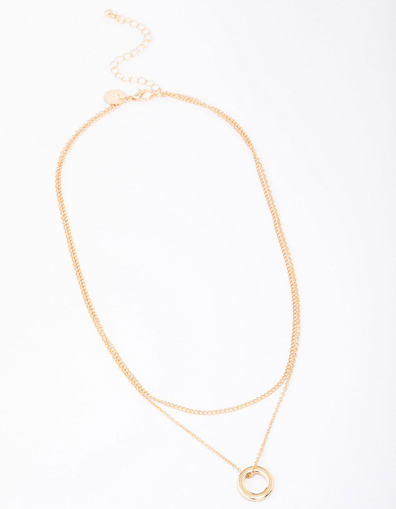 Gold Double Chain Circle Pendant Layered Necklace - Lovisa
