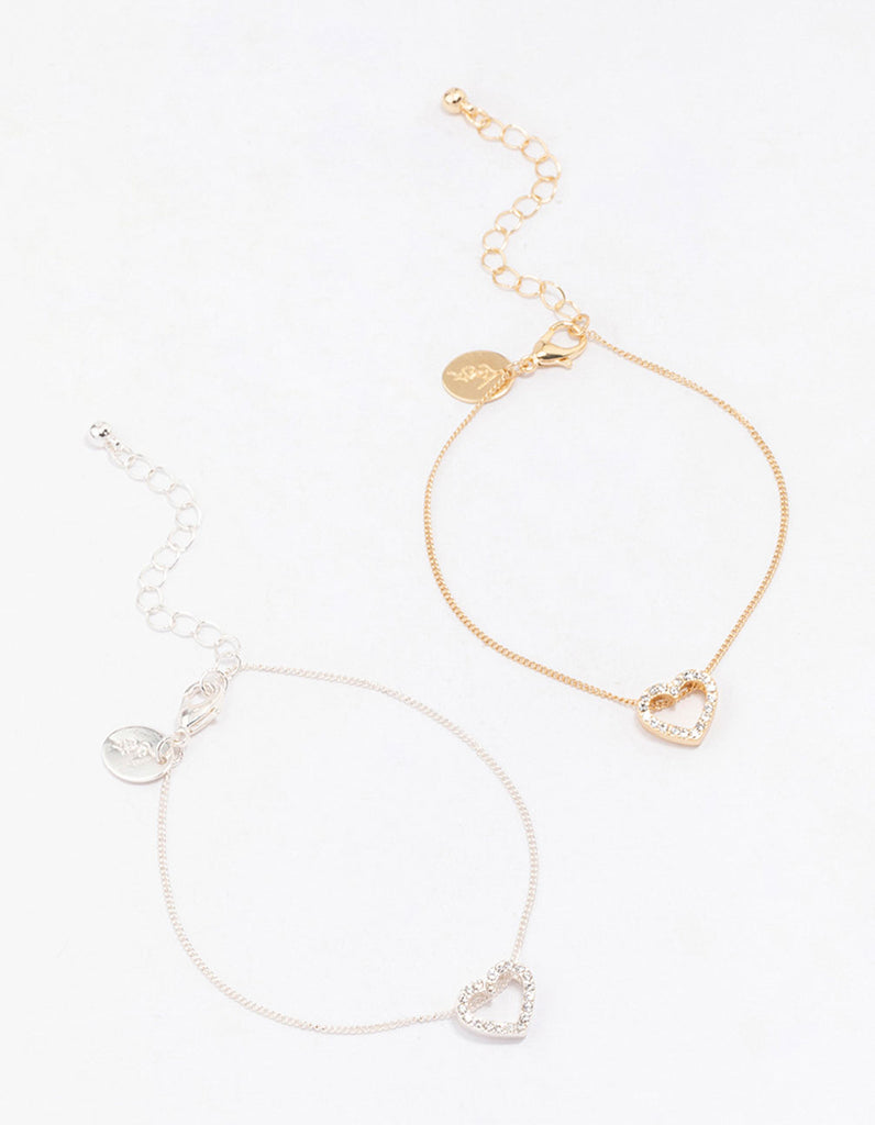 Gold & Silver Open Heart Diamante Bracelets 2-Pack - Lovisa