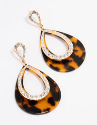 Gold Tortoiseshell Diamante Teardrop Statement Earrings - Lovisa