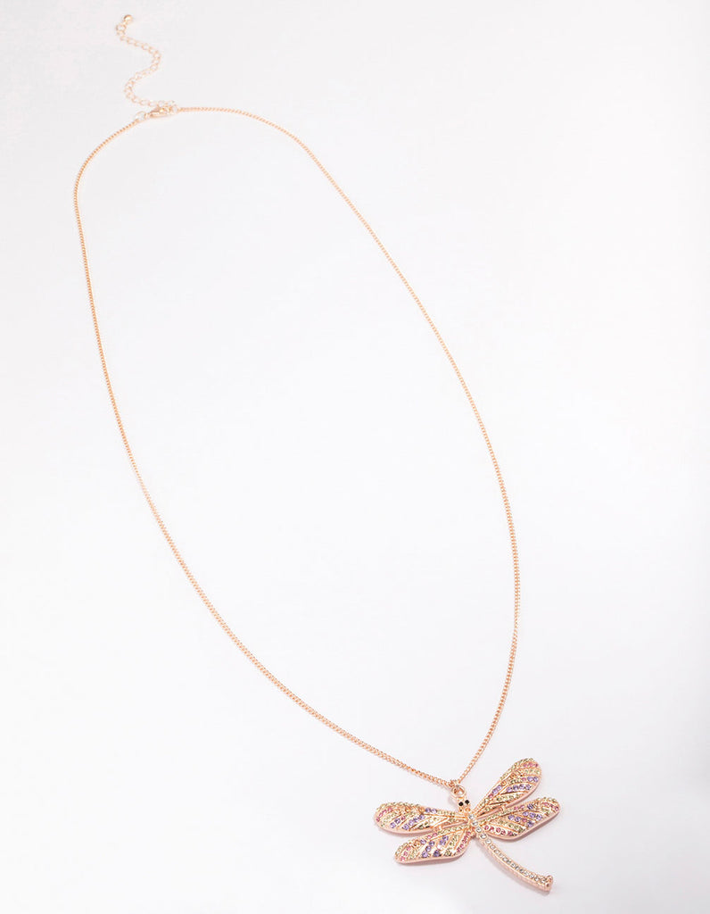 Rose Gold Dragonfly Cluster Diamante Pendant Necklace - Lovisa