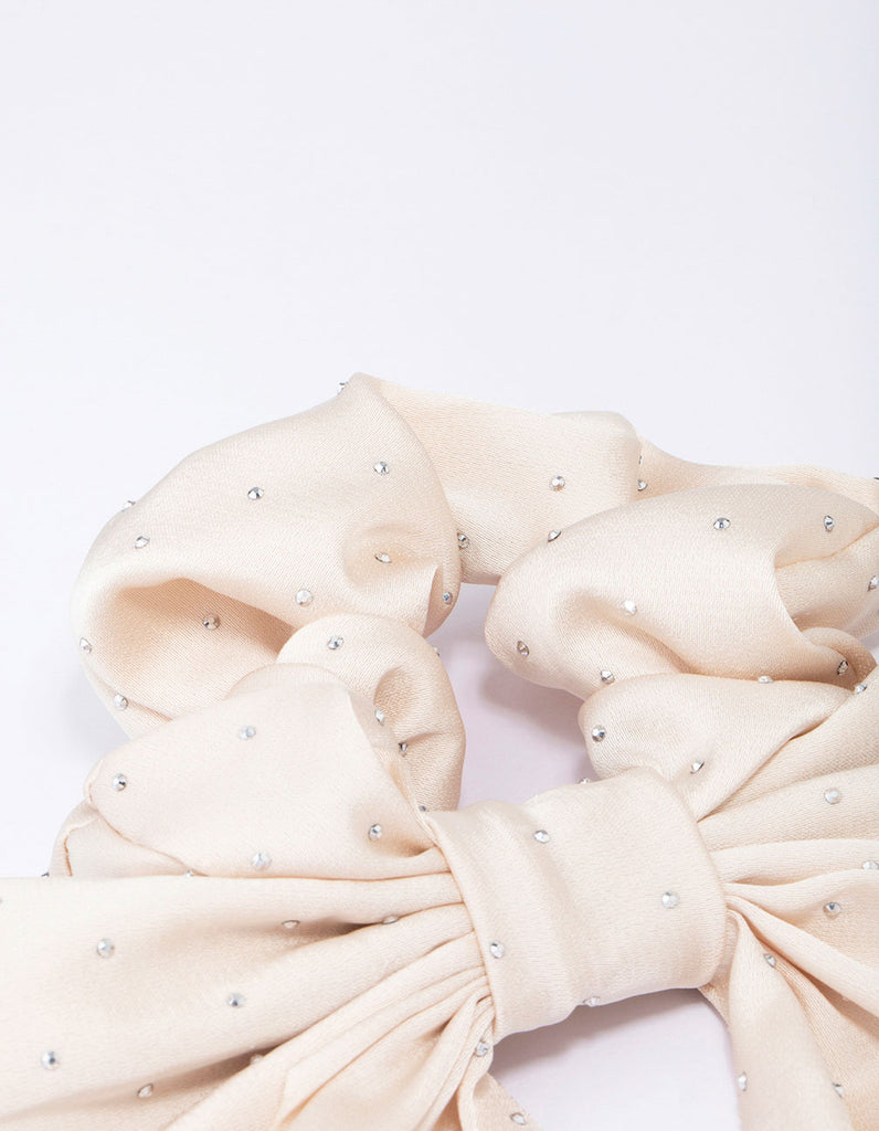 Neutral Fabric Bow Diamante Studded Scrunchie - Lovisa