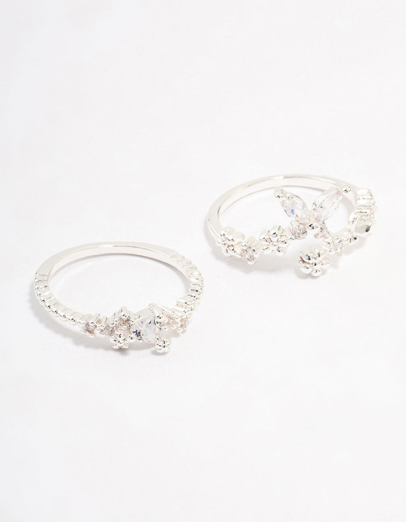 Silver Plated Floral Stone Stacking Rings - Lovisa