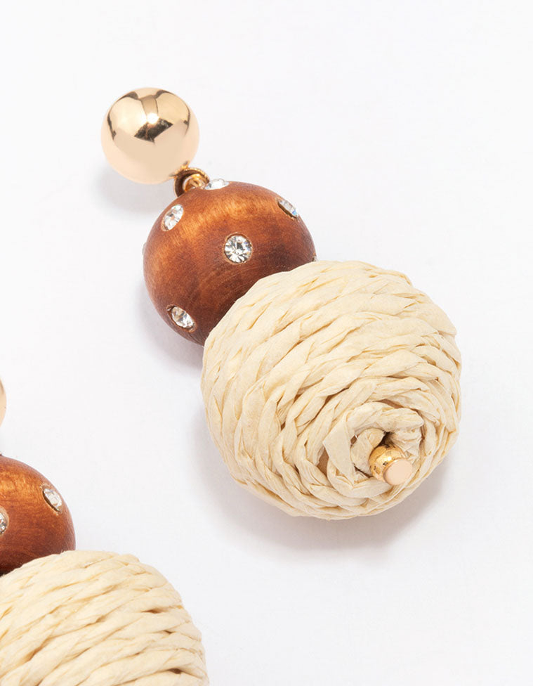 Wooden Raffia Ball Drop Earrings - Lovisa
