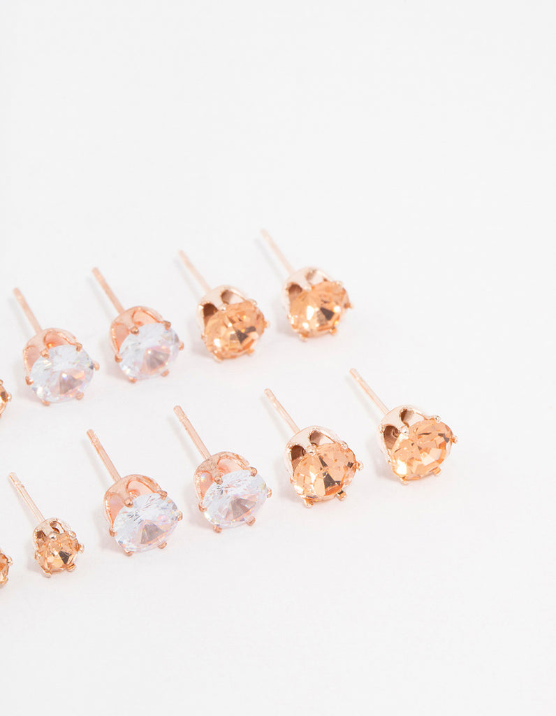 Rose Gold Basic Diamante Stud Earrings 8-Pack - Lovisa