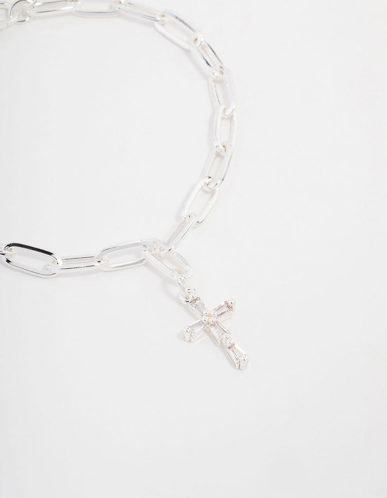 Silver Plated Cross Charm Chain Bracelet - Lovisa