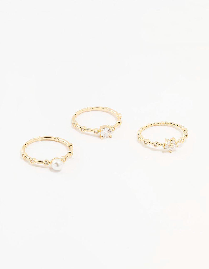 Gold Plated Bamboo Pearl Stacking Rings 3-Pack - Lovisa
