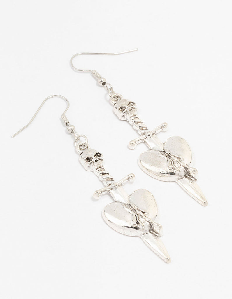 Silver Dagger Heart Drop Earrings - Lovisa