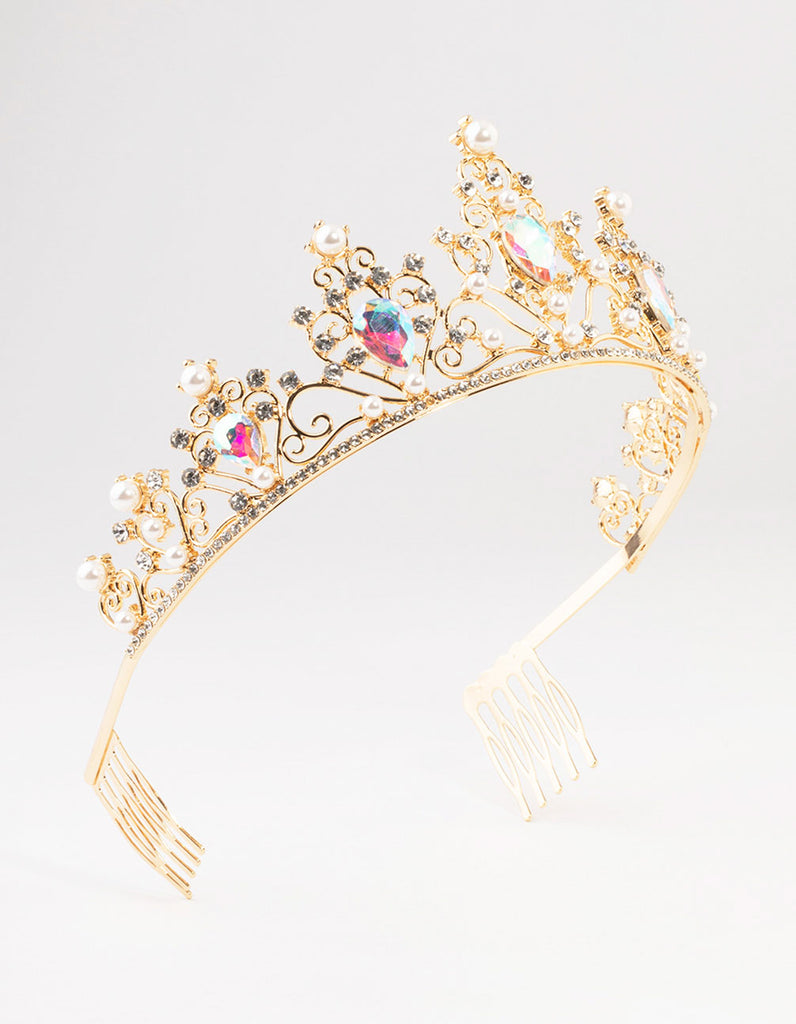 Gold Pear Shaped Stones & Pearls Tiara - Lovisa